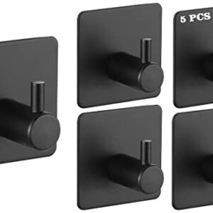 Adhesive Hooks - 5 Pack Heavy Duty Wall Hooks Waterproof Stainless Steel Hooks for Hat Towel Robe Hooks Rack Wall Mount - Bathroom Kitchen Home Hotel Office Cabinet and Bedroom Matte BLACK01