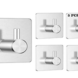 Adhesive Hooks - 5 Pack Heavy Duty Wall Hooks Waterproof Stainless Steel Hooks for Hat Towel Robe Hooks Rack Wall Mount - Bathroom Kitchen Home Hotel Office Cabinet and Bedroom CHROM01