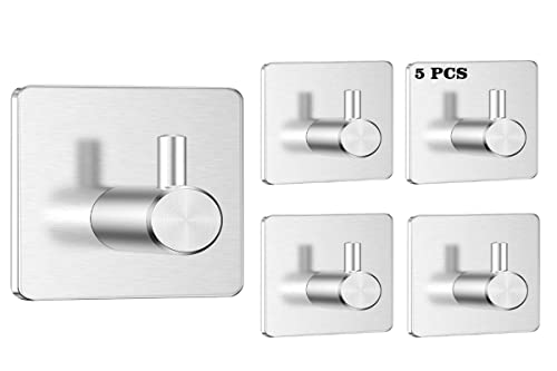 Adhesive Hooks - 5 Pack Heavy Duty Wall Hooks Waterproof Stainless Steel Hooks for Hat Towel Robe Hooks Rack Wall Mount - Bathroom Kitchen Home Hotel Office Cabinet and Bedroom CHROM01