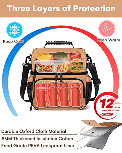 Artelaris Lunch Bag for Men Women, Dual Compartment Insulated Lunch Bag, Large Double Deck Leakproof Cooler Tote Bag with Side Pockets & Shoulder Strap Lunch Box for Picnic Work Camping Fishing