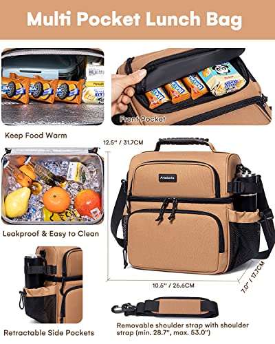 Artelaris Lunch Bag for Men Women, Dual Compartment Insulated Lunch Bag, Large Double Deck Leakproof Cooler Tote Bag with Side Pockets & Shoulder Strap Lunch Box for Picnic Work Camping Fishing