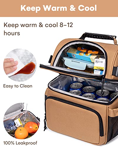 Artelaris Lunch Bag for Men Women, Dual Compartment Insulated Lunch Bag, Large Double Deck Leakproof Cooler Tote Bag with Side Pockets & Shoulder Strap Lunch Box for Picnic Work Camping Fishing