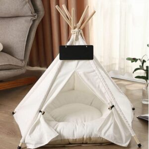 Pet Teepee with Soft Cushion for Dogs, Cats, Rabbits and Puppies, Portable Pet Tent, White Dog Tent. Pet House with Bed, Washable Dog Teepee, Portable Dog House (White)