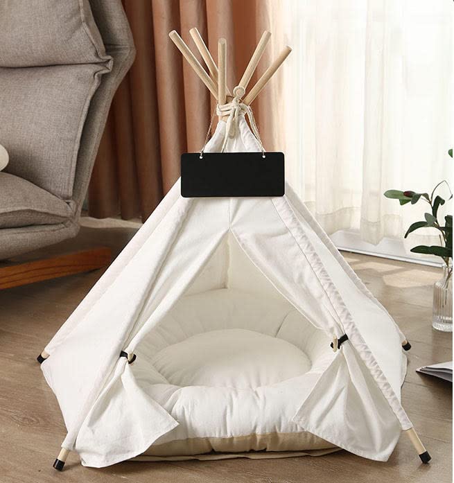 Pet Teepee with Soft Cushion for Dogs, Cats, Rabbits and Puppies, Portable Pet Tent, White Dog Tent. Pet House with Bed, Washable Dog Teepee, Portable Dog House (White)