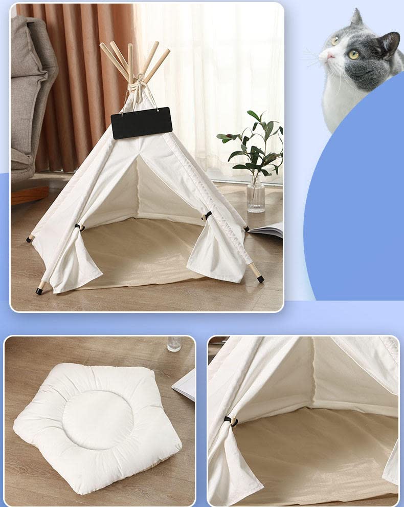 Pet Teepee with Soft Cushion for Dogs, Cats, Rabbits and Puppies, Portable Pet Tent, White Dog Tent. Pet House with Bed, Washable Dog Teepee, Portable Dog House (White)