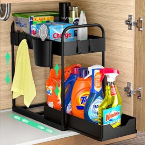 kphalth under sink organizer adjustable height under sink organizers and storage 2-tier under cabinet storage bathroom organizer sliding drawer with hooks hanging cup kitchen storage (black-1 pack)