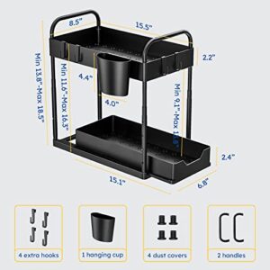 KPHALTH Under Sink Organizer Adjustable Height Under Sink Organizers and Storage 2-Tier Under Cabinet Storage Bathroom Organizer Sliding Drawer with Hooks Hanging Cup Kitchen Storage (Black-1 Pack)