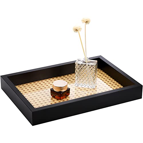 Suwimut Rectangle Serving Tray with Imitated Rattan, Black Decorative Ottoman Tray, Rattan hometray, Basket Serving Tray with Black Wooden Frame for Breakfast, Coffee, Food, Drink, Makeup