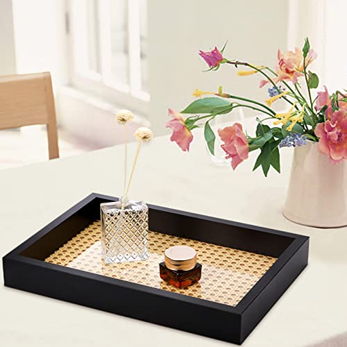 Suwimut Rectangle Serving Tray with Imitated Rattan, Black Decorative Ottoman Tray, Rattan hometray, Basket Serving Tray with Black Wooden Frame for Breakfast, Coffee, Food, Drink, Makeup