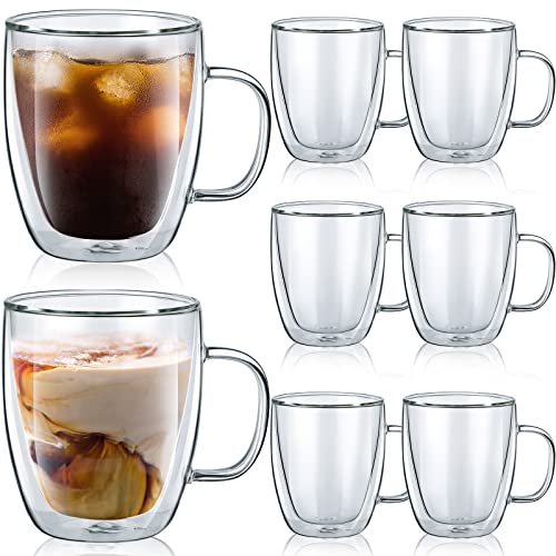 Potchen 8 Pack 12 Oz Double Wall Glass Coffee Mugs Clear Glass Coffee Cups with Handle Insulated Coffee Mug Glass Cups for Cafe Latte