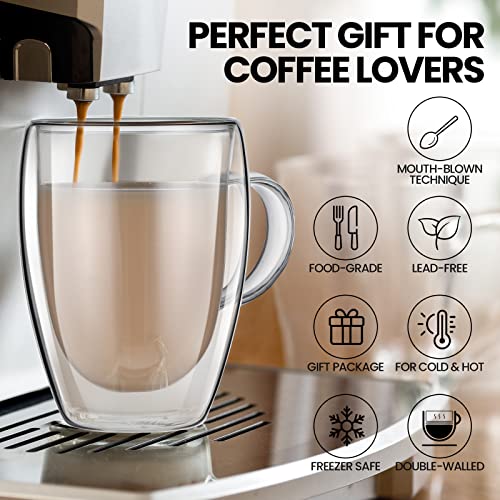 Potchen 8 Pack 12 Oz Double Wall Glass Coffee Mugs Clear Glass Coffee Cups with Handle Insulated Coffee Mug Glass Cups for Cafe Latte