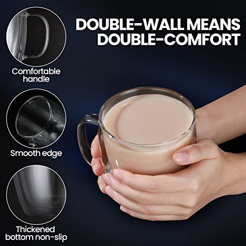 Potchen 8 Pack 12 Oz Double Wall Glass Coffee Mugs Clear Glass Coffee Cups with Handle Insulated Coffee Mug Glass Cups for Cafe Latte