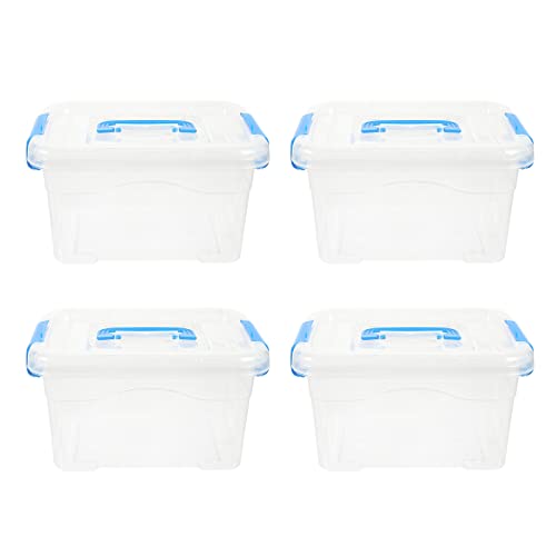 4pcs Plastic Storage Box Tote Book Organizing Container Desktop Stackable Plastic Storage Box with Lid and Blue Handle for Organizing ' s Action Figures