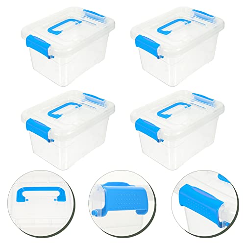 4pcs Plastic Storage Box Tote Book Organizing Container Desktop Stackable Plastic Storage Box with Lid and Blue Handle for Organizing ' s Action Figures