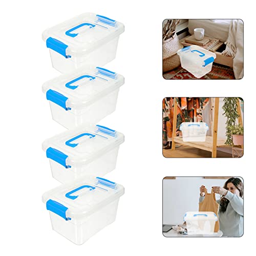 4pcs Plastic Storage Box Tote Book Organizing Container Desktop Stackable Plastic Storage Box with Lid and Blue Handle for Organizing ' s Action Figures