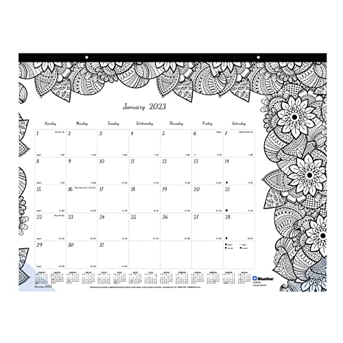 Blueline 2023 DoodlePlan Monthly Coloring Desk Pad Calendar, 12 Months, January to December, 22" x 17", Botanica Designs (C2917311-23), Black/White