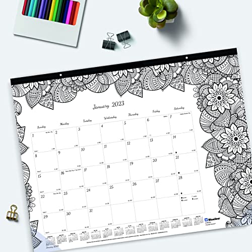 Blueline 2023 DoodlePlan Monthly Coloring Desk Pad Calendar, 12 Months, January to December, 22" x 17", Botanica Designs (C2917311-23), Black/White