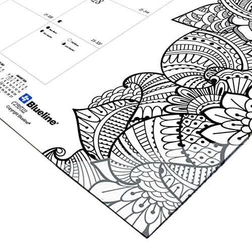 Blueline 2023 DoodlePlan Monthly Coloring Desk Pad Calendar, 12 Months, January to December, 22" x 17", Botanica Designs (C2917311-23), Black/White