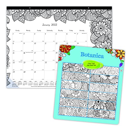 Blueline 2023 DoodlePlan Monthly Coloring Desk Pad Calendar, 12 Months, January to December, 22" x 17", Botanica Designs (C2917311-23), Black/White