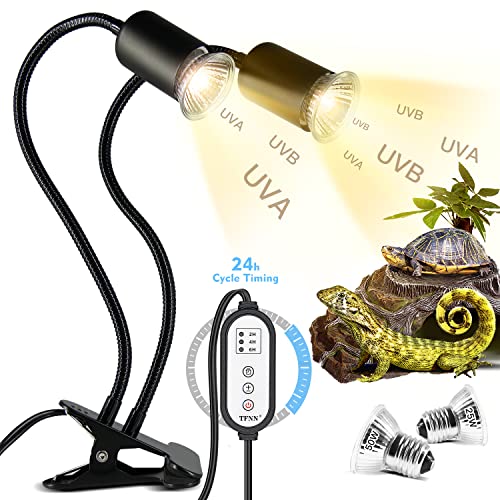 Reptile Heat Lamp, TFNN Double-Head Heat Lamp with Clamp, UVA UVB Reptile Light with Intelligent Cycle Timer for Turtle, Bearded Dragon, Lizard and More, 2 Bulbs 25W+50W