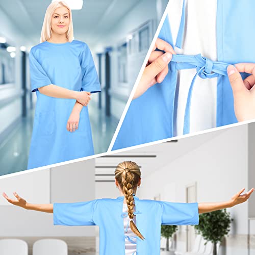 4 Pcs Blue Unisex Hospital Gown for Elderly Women Men Soft Comfortable Patient Gowns with Back Tie Washable Gown with Pockets, Large-X-Large Plus Size