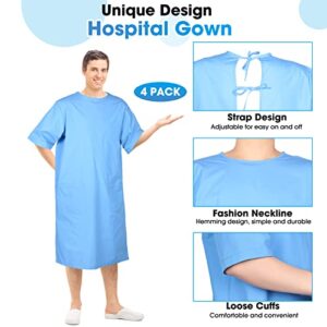 4 Pcs Blue Unisex Hospital Gown for Elderly Women Men Soft Comfortable Patient Gowns with Back Tie Washable Gown with Pockets, Large-X-Large Plus Size