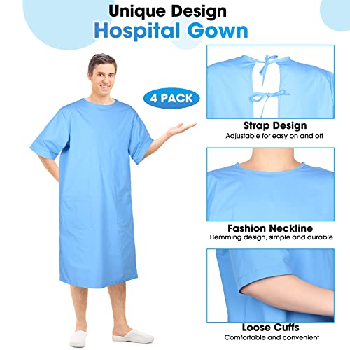 4 Pcs Blue Unisex Hospital Gown for Elderly Women Men Soft Comfortable Patient Gowns with Back Tie Washable Gown with Pockets, Large-X-Large Plus Size