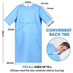 4 Pcs Blue Unisex Hospital Gown for Elderly Women Men Soft Comfortable Patient Gowns with Back Tie Washable Gown with Pockets, Large-X-Large Plus Size