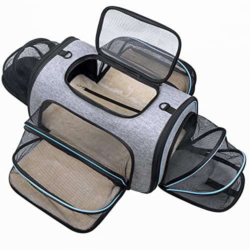 Pet Carrier Airline Approved,JuJubak 4 Sides Expandable Pet Carrier Soft-Sided Dog Cat Carrier Travel Bag with Shoulder Strap Fleece Pad for Cats, Puppy and Small Animals