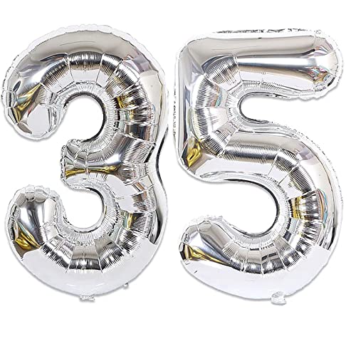 Number 35 Balloon 40 Inch Giant Foil Helium Balloons Jumbo 35 Number Balloons for Birthday Anniversary Festival Party Home Office Decor, Silver 35