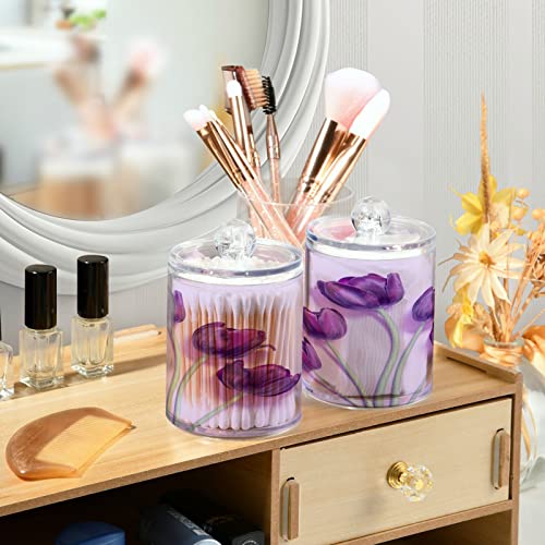 Kigai 2PCS Purple Tulips Qtip Holder Dispenser with Lids - 14 oz Bathroom Storage Organizer Set, Clear Apothecary Jars Food Storage Containers, for Tea, Coffee, Cotton Ball, Floss