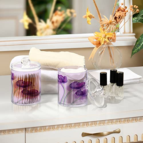 Kigai 2PCS Purple Tulips Qtip Holder Dispenser with Lids - 14 oz Bathroom Storage Organizer Set, Clear Apothecary Jars Food Storage Containers, for Tea, Coffee, Cotton Ball, Floss