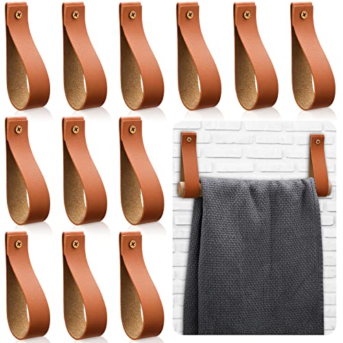 PU Leather Wall Hooks Wall Hanging Straps Pu Leather Curtain Rod Holder Towel Holders for Wall Faux Leather Strap Hanger Wall Mounted Pu Leather Hooks for Towel Bathroom Kitchen(Yellow,12 Pieces)