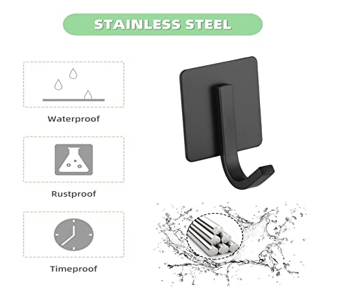 Adhesive Hooks - 5 Pack Heavy Duty Wall Hooks Waterproof Stainless Steel Hooks for Hat Towel Robe Hooks Rack Wall Mount - Bathroom Kitchen Home Hotel Office Cabinet and Bedroom Matte BLACK03