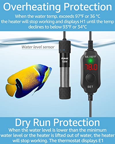 Kulife Fumak 100W Adjustable Aquarium Heater Super Short Submersible Fish Tank Heater Fish Heater with LED Digital Display Thermostat, for Tanks 10-20 Gallons