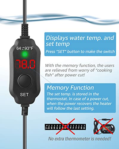 Kulife Fumak 100W Adjustable Aquarium Heater Super Short Submersible Fish Tank Heater Fish Heater with LED Digital Display Thermostat, for Tanks 10-20 Gallons