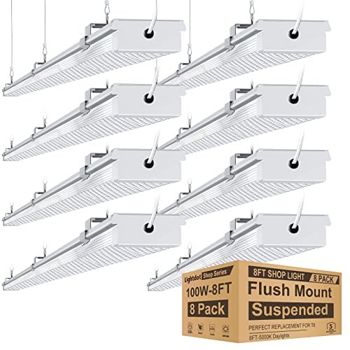 Compact 8FT LED Shop Light, Diamond PMMA Cover Wrap-Arround Lights Fixture with 5FT Switch Power Cord, 100W[Eqv. to 400W HPS/WH] Surface/Suspend Mount, Energy-Saving up to 3650W/5Y(5hrs/Day) 8Pack