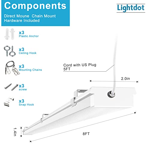 Compact 8FT LED Shop Light, Diamond PMMA Cover Wrap-Arround Lights Fixture with 5FT Switch Power Cord, 100W[Eqv. to 400W HPS/WH] Surface/Suspend Mount, Energy-Saving up to 3650W/5Y(5hrs/Day) 8Pack