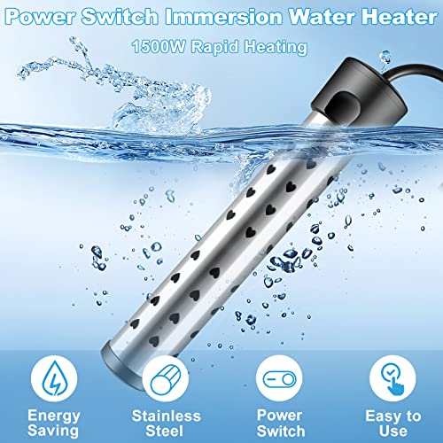 Immersion Water Heater, Cadrim 1500W Electric Submersible Water Heater, Stainless Steel Guard Cover and Convenient Switch, Home Instant Water Heater to Heat 5 Gallons of Water in Min