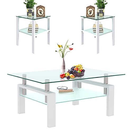 Glass Coffee Table and End Table Sets, White Tempered Glass Living Room Table Set of 3, Modern Tea Table & 2 Side Tables 2-Layer Perfect for Home Office Furniture