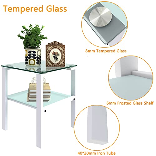 Glass Coffee Table and End Table Sets, White Tempered Glass Living Room Table Set of 3, Modern Tea Table & 2 Side Tables 2-Layer Perfect for Home Office Furniture