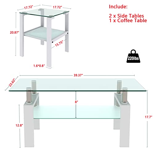 Glass Coffee Table and End Table Sets, White Tempered Glass Living Room Table Set of 3, Modern Tea Table & 2 Side Tables 2-Layer Perfect for Home Office Furniture