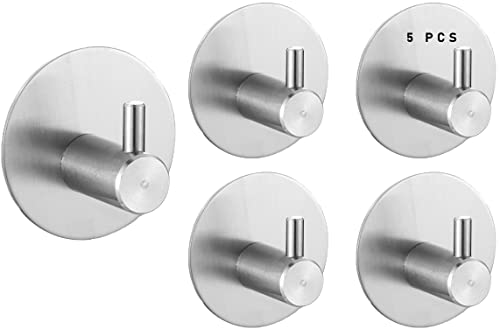 Adhesive Hooks - 5 Pack Heavy Duty Wall Hooks Waterproof Stainless Steel Hooks for Hat Towel Robe Hooks Rack Wall Mount - Bathroom Kitchen Home Hotel Office Cabinet and Bedroom CHROM06