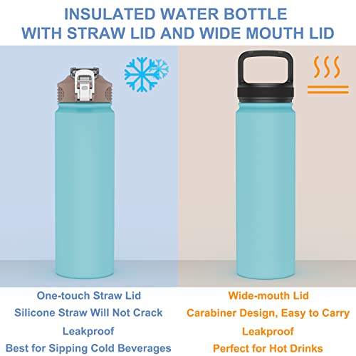 Insulated Water Bottle with Straw 25 oz Stainless Steel Water Bottles BPA-Free Leak Proof Double Wall Vacuum Metal Water Bottle with 2 Lids for Biking Hiking Camping-GREEN