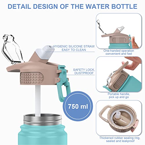 Insulated Water Bottle with Straw 25 oz Stainless Steel Water Bottles BPA-Free Leak Proof Double Wall Vacuum Metal Water Bottle with 2 Lids for Biking Hiking Camping-GREEN