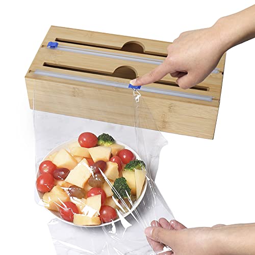 Plastic Wrap Dispenser with Cutter, Saran Wrap & Aluminum Foil and Wax Paper Dispenser for Kitchen Drawer, 2 in 1 Bamboo Plastic Wrap Roll Organizer Holder, Compatible with Most Brands, 12"- 13"Roll