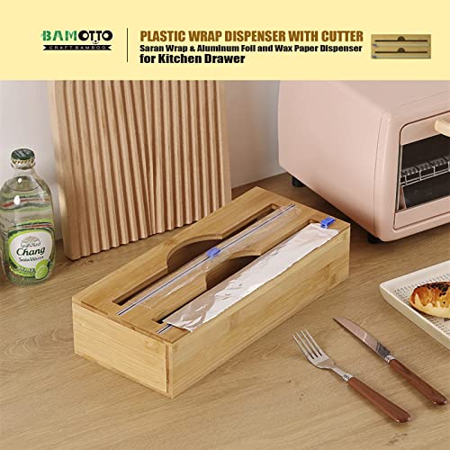 Plastic Wrap Dispenser with Cutter, Saran Wrap & Aluminum Foil and Wax Paper Dispenser for Kitchen Drawer, 2 in 1 Bamboo Plastic Wrap Roll Organizer Holder, Compatible with Most Brands, 12"- 13"Roll