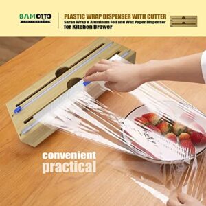 Plastic Wrap Dispenser with Cutter, Saran Wrap & Aluminum Foil and Wax Paper Dispenser for Kitchen Drawer, 2 in 1 Bamboo Plastic Wrap Roll Organizer Holder, Compatible with Most Brands, 12"- 13"Roll