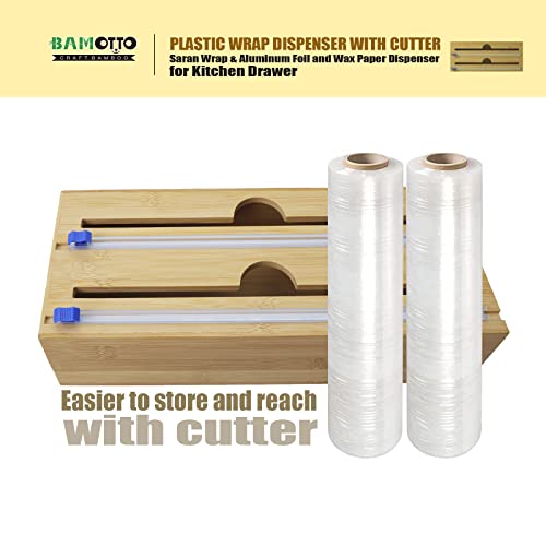 Plastic Wrap Dispenser with Cutter, Saran Wrap & Aluminum Foil and Wax Paper Dispenser for Kitchen Drawer, 2 in 1 Bamboo Plastic Wrap Roll Organizer Holder, Compatible with Most Brands, 12"- 13"Roll