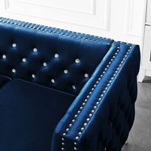 Harper & Bright Designs Velvet Upholstered Loveseat Sofa, 59.4'' Wide Blue Velvet Sofa with Jeweled Buttons, Square Arm, Two Pillows Included for Living Room, Office